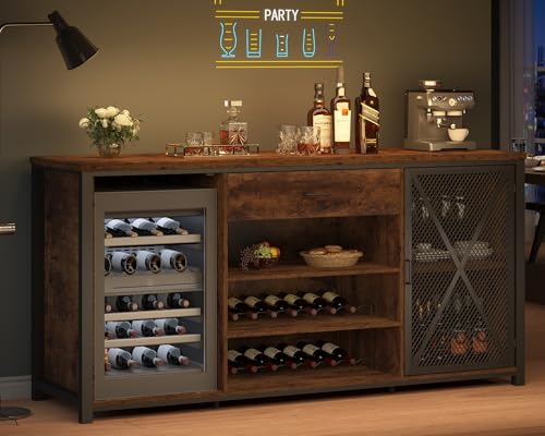 LVB Large Bar Cabinet with Fridge Space, Rustic Long Liquor Cabinet with Drawer Storage, Farmhouse Wood Metal Wine Cabinet with Rack, Sideboard Buffet for Kitchen Dining Room, Rustic Brown, 70 Inch