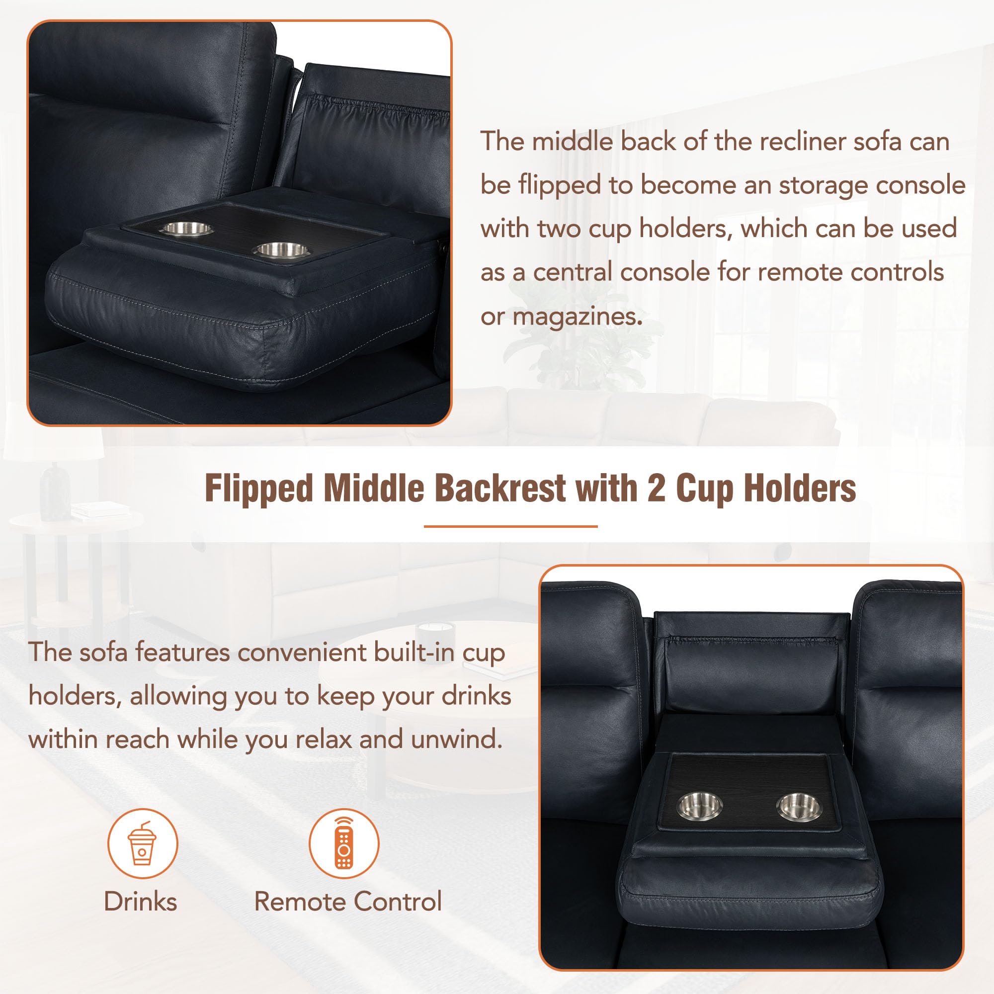 Cutimrke Home Theater Seating Sectional Set, 87.5” Manual Recliner Chair Sofa, Black Blue
