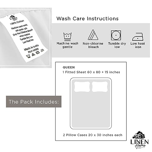 Linen Home 100% Cotton Percale Fitted Sheet Set Queen Size, White, Deep Pocket, 3 Piece -1 Deep Pocket Fitted Sheet and 2 Pillowcases, Crisp Cool and Strong Bed Linen