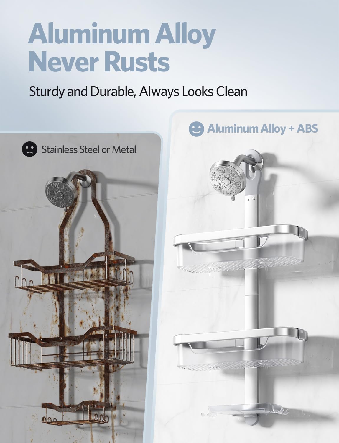 LAMU Adjustable-Shower-Caddy-Hanging, Rust Proof Shower Hanging Organizer, 3-Tier Aluminum Alloy + ABS, Large Capacity Shower Caddy Over-the-Showerhead with Hooks, Razor Holder, Soap Dish, Silver