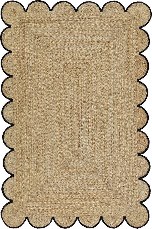 KALVEERA Jute Area Rug for Home and Living Room Décor Rectangular Scalloped Vintage Jute Area Rug Carpet Black 4' x 6'