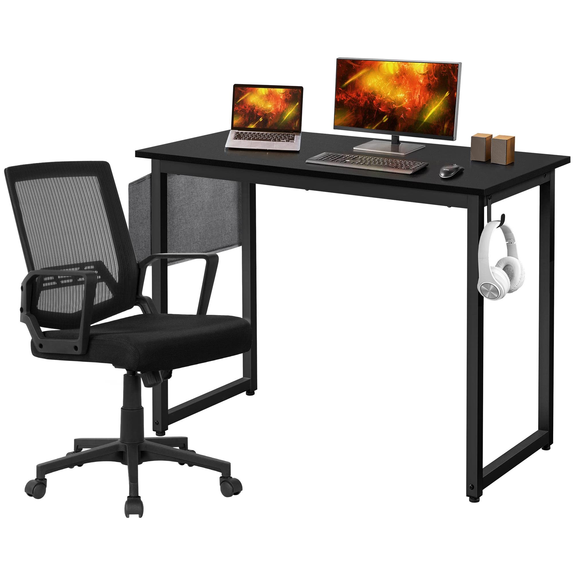 Yaheetech Home Office Modern Desk & Chair Set, Simple Computer Desk 40 Inch with Mesh Mid-Back Height Adjustable Office Chair, Long Writing/Work Desk, Mesh Swivel Chair with Lumbar Support, Black