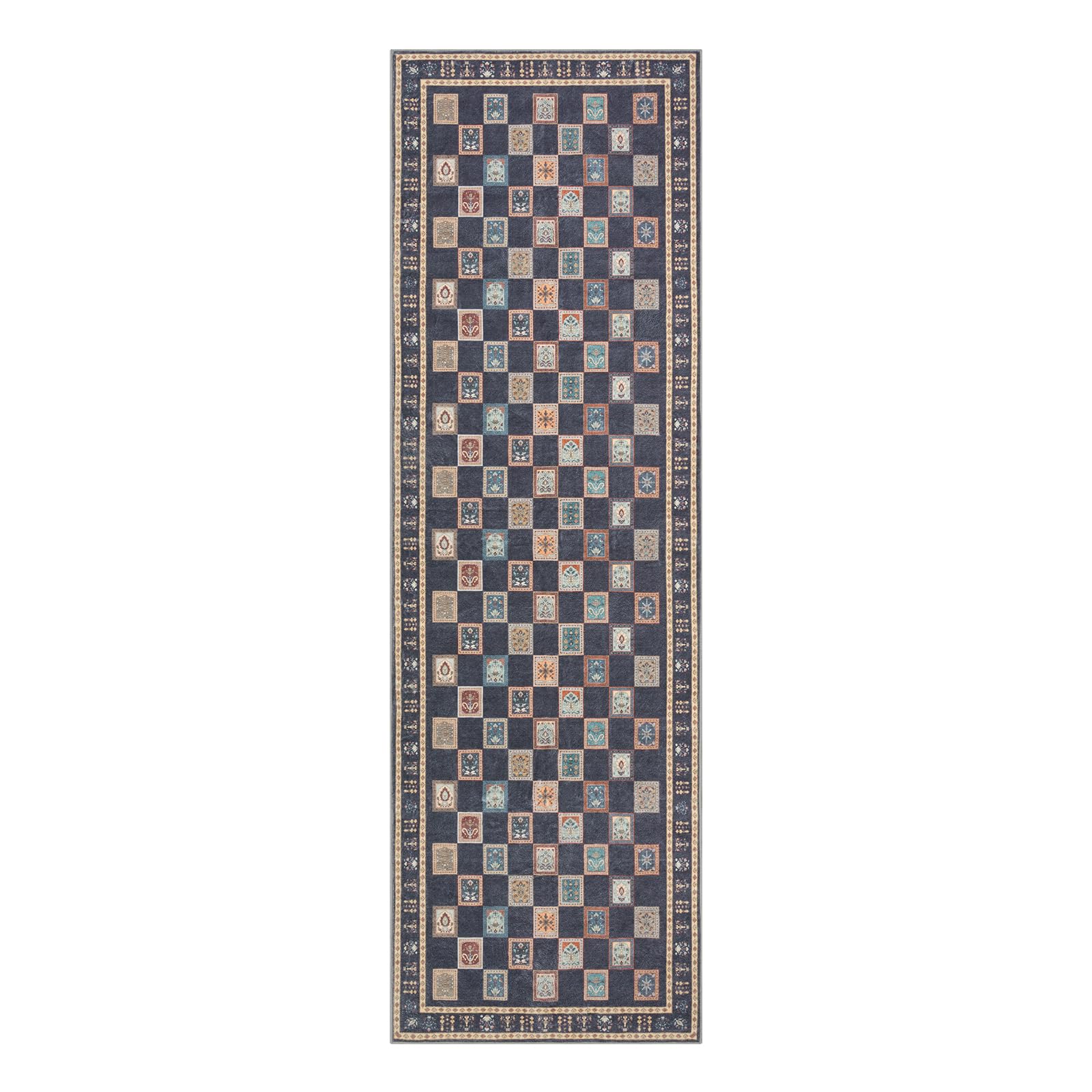 Lahome Checkered Runner Rug, Vintage Hallway Runner Non Slip, Machine Washable Distressed Rug for Kitchen, Retro Runner for Bathroom Laundry Entryway (Purple/Multi, 2.5x8)