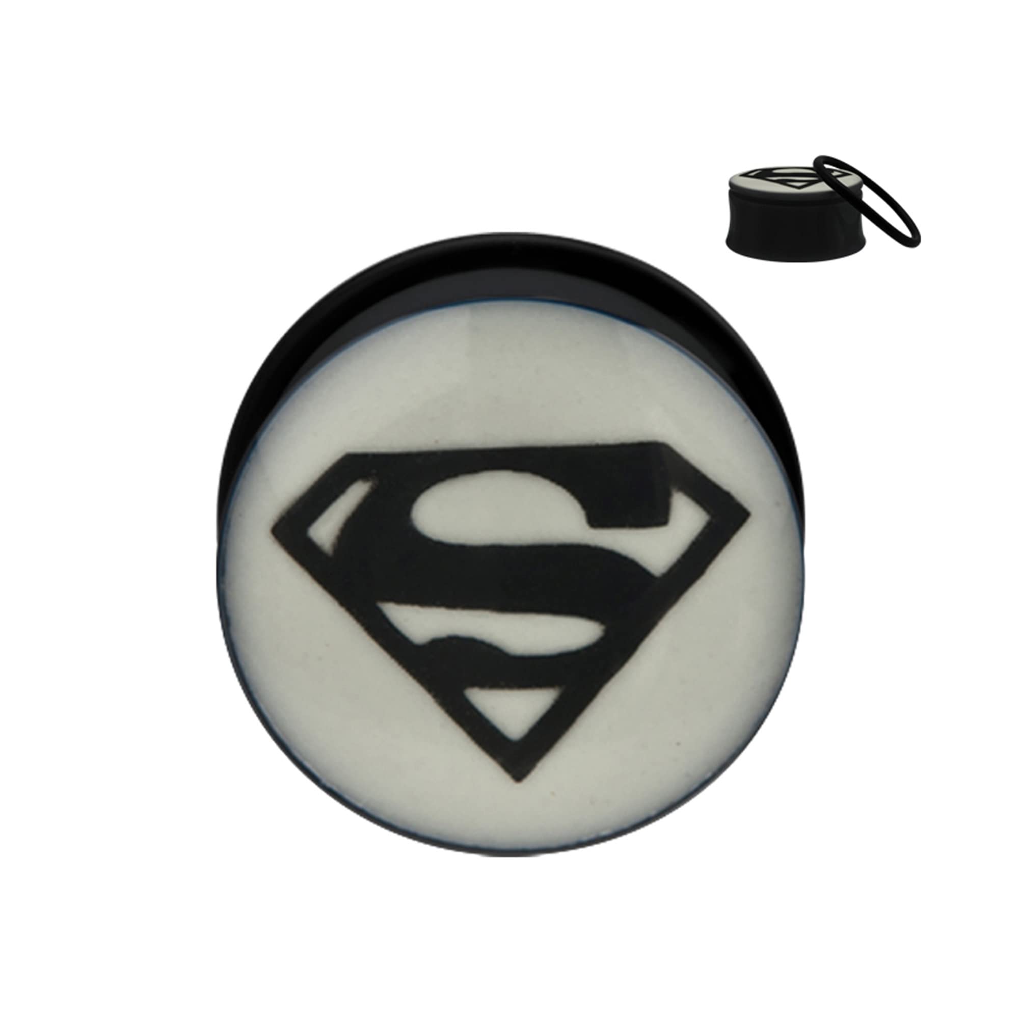 DC Comics Unisex Superman Logo Glow In The Dark Single Flared Acrylic Body Piercing Plug, Silver/Black, One Size.