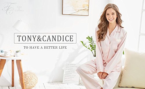 TONY & CANDICE Women's Classic Satin Pajama Set Sleepwear Loungewear (Large, Light Pink)