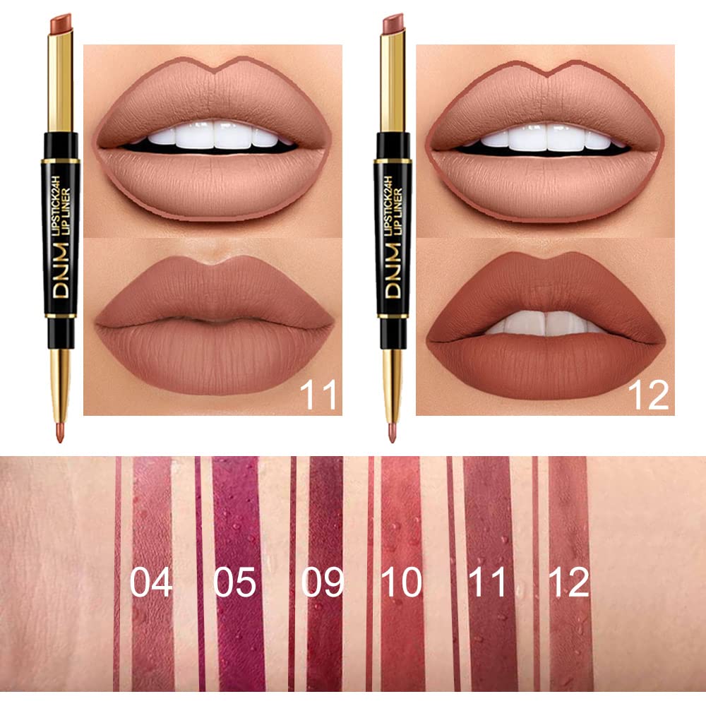 evpct 6Pcs Waterproof Lip Liner and with Lipstick Set Kit Last All Day DNM Chestnut Nude Dark Brown Matte Red 24 Hour long lasting 24 pen labiales mate 24 horas originales