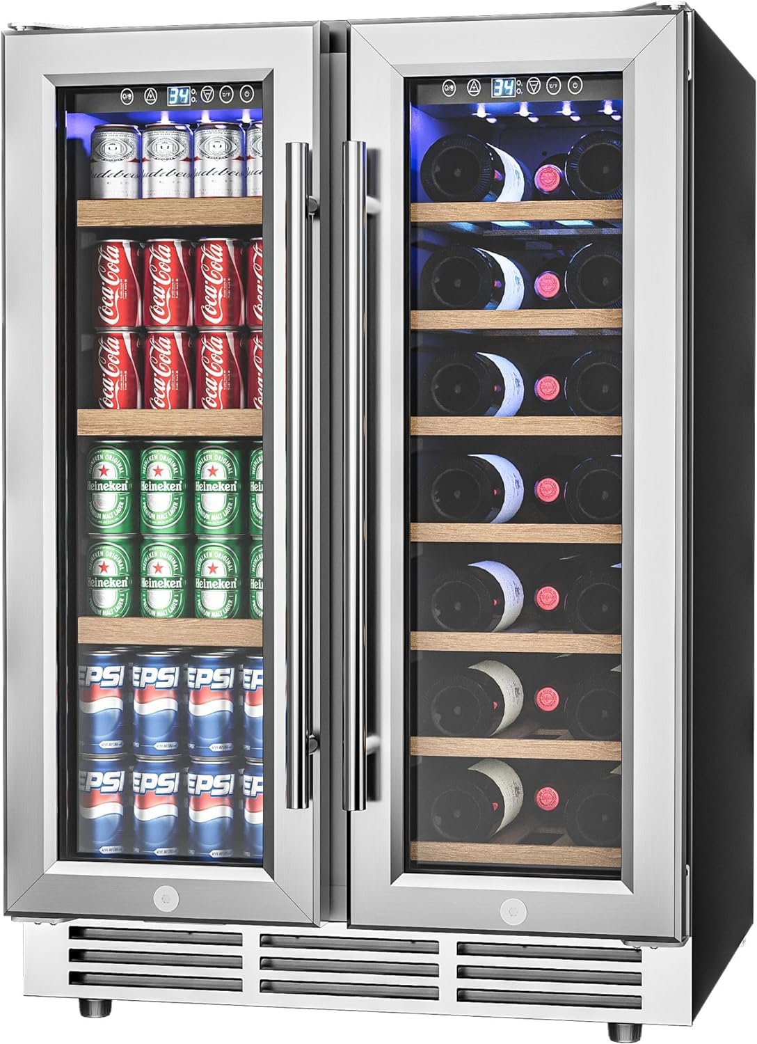 Icyglee 24" Wine and Beverage Refrigerator, Dual Zone Wine Cooler with Glass Door, Hold 88 Cans and 21 Bottles, Built in or Freestanding Under Counter Wine Fridge with Blue LED Light.