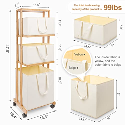 Homde Laundry Basket 3 Tier Bamboo Storage Shelf with Wheels Removable Storage Basket with Handle Freestanding Clothes Hamper Organizer for Bathroom Living Room Bedroom
