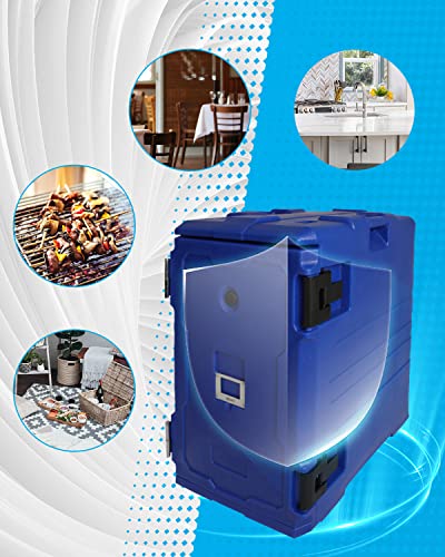 TABU 95QT End-Loading Insulated Food Pan Carrier, LLDPE Material Food Box Carrier with Double Buckles, Front Loading Portable Food Warmer with Handles (Blue)