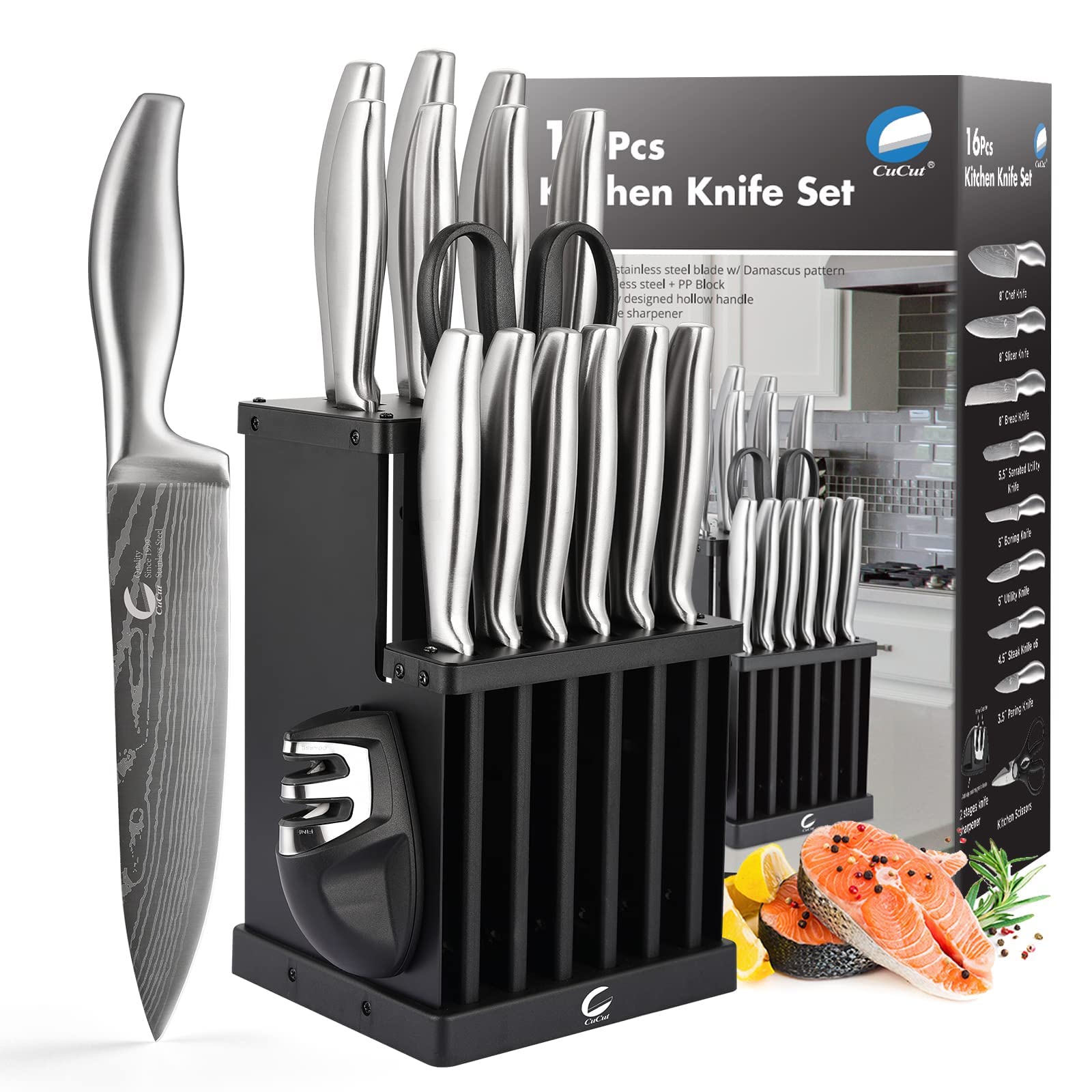 CuCut Knife Set, 16 Piece Knife Set with Block, German Stainless Steel Hollow Handle Kitchen Knives, Include Kitchen Accessories