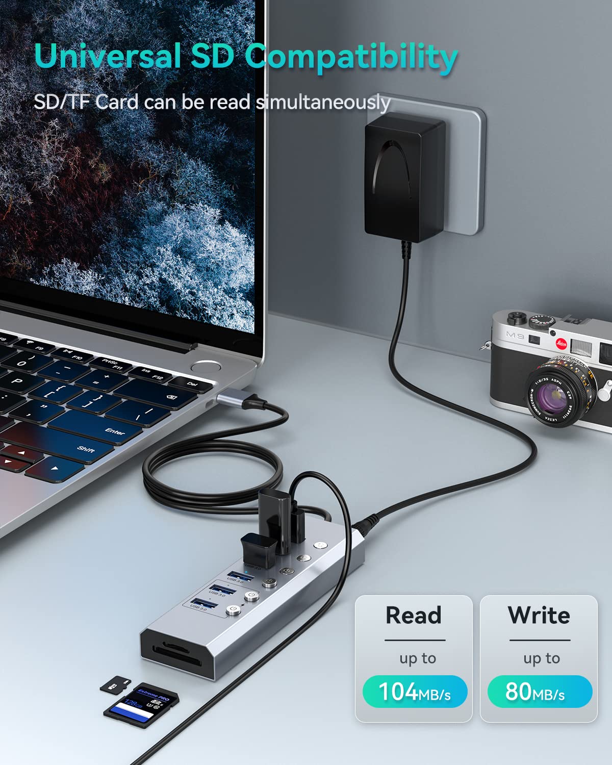 Powered USB 3.0 Hub, Elecife 8-Port Powered USB Hub, Aluminum USB Splitter with 6 USB 3.0 Data Ports, SD/TF Card Readers, Individual On/Off Power Switches and 5V/3A Power Adapter (42 inch)
