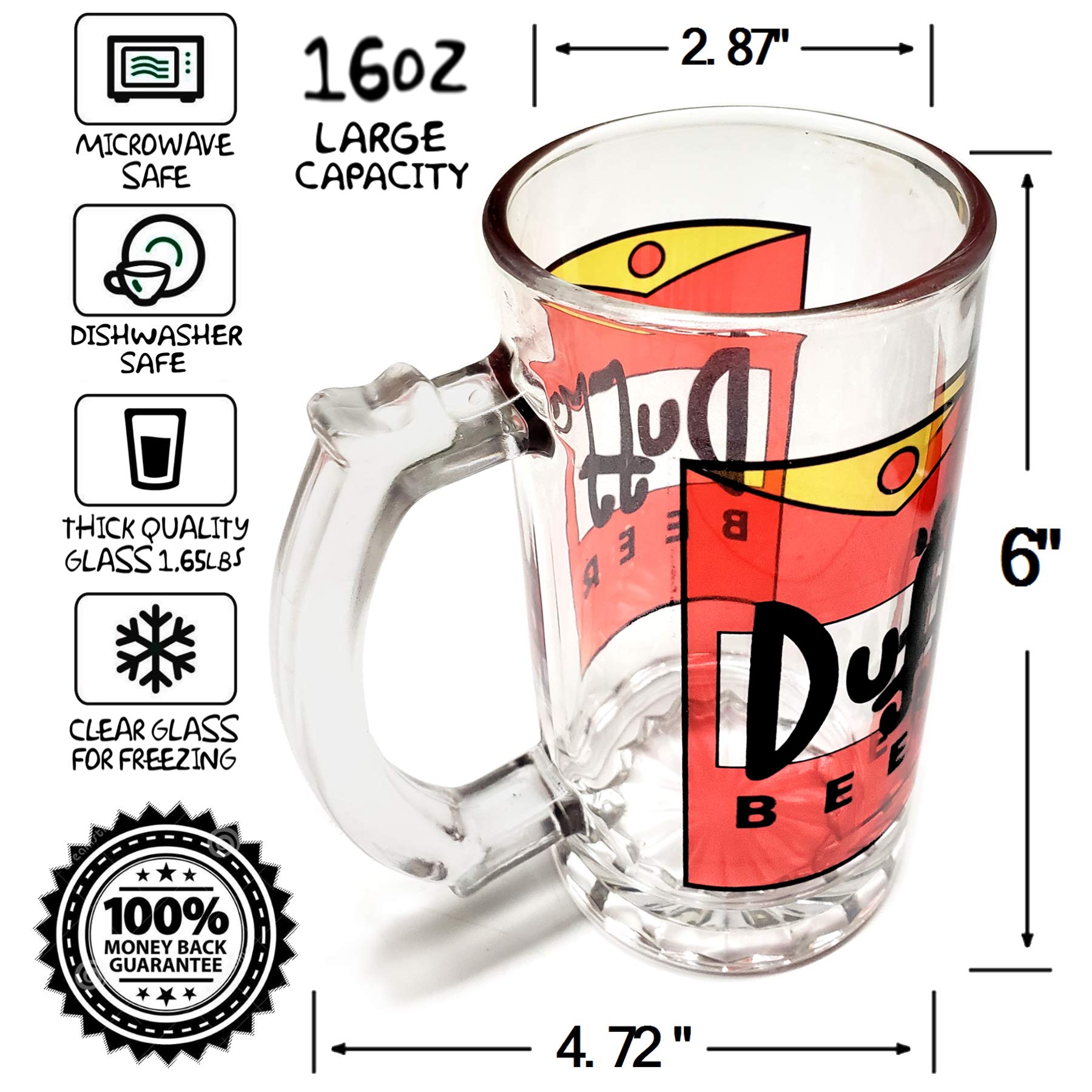 DUFF Beer Mug - 16oz - The Simpsons Inspired - Thick Quality Clear Glass - Artwork On Both Sides - Giftable Foam Protection