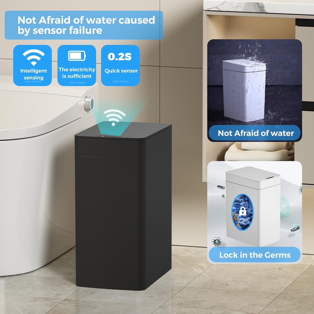 LEASYLIFE 2.1GAL Touchless Automatic Garbage Can, Slim Waterproof Motion Sensor Smart Trash Can,Small Trash can for Bathroom, Bedroom, Office, Living Room (black02)