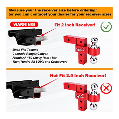 Kamivovo Adjustable Trailer Hitch, Fits 2-Inch Receiver, 6-Inch Drop Hitch, Tow Hitch Aluminum Forged Shank, 2 Inch & 2-5/16 Inch Balls with Double Lock Pins (Red)