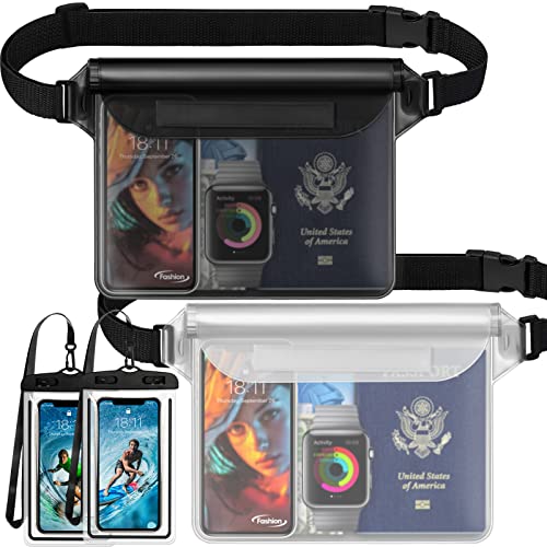 Hommtina Waterproof Phone Case Waterproof Bag,Waterproof Fanny Pack Waterproof Pouch with Adjustable Belt for Beach, Swimming, Boating, Fishing (2 * fanny pack(black+white)+2 * phone case(black))
