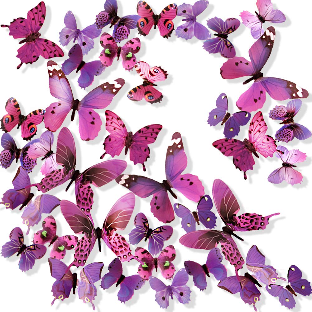 Ewong Butterfly Wall Decals, 36PCS 3D Butterflies Home Decor for Room, Wall Sticker for Girls Room Kids Bedroom Bathroom Baby Nursery Decoration (Purple)