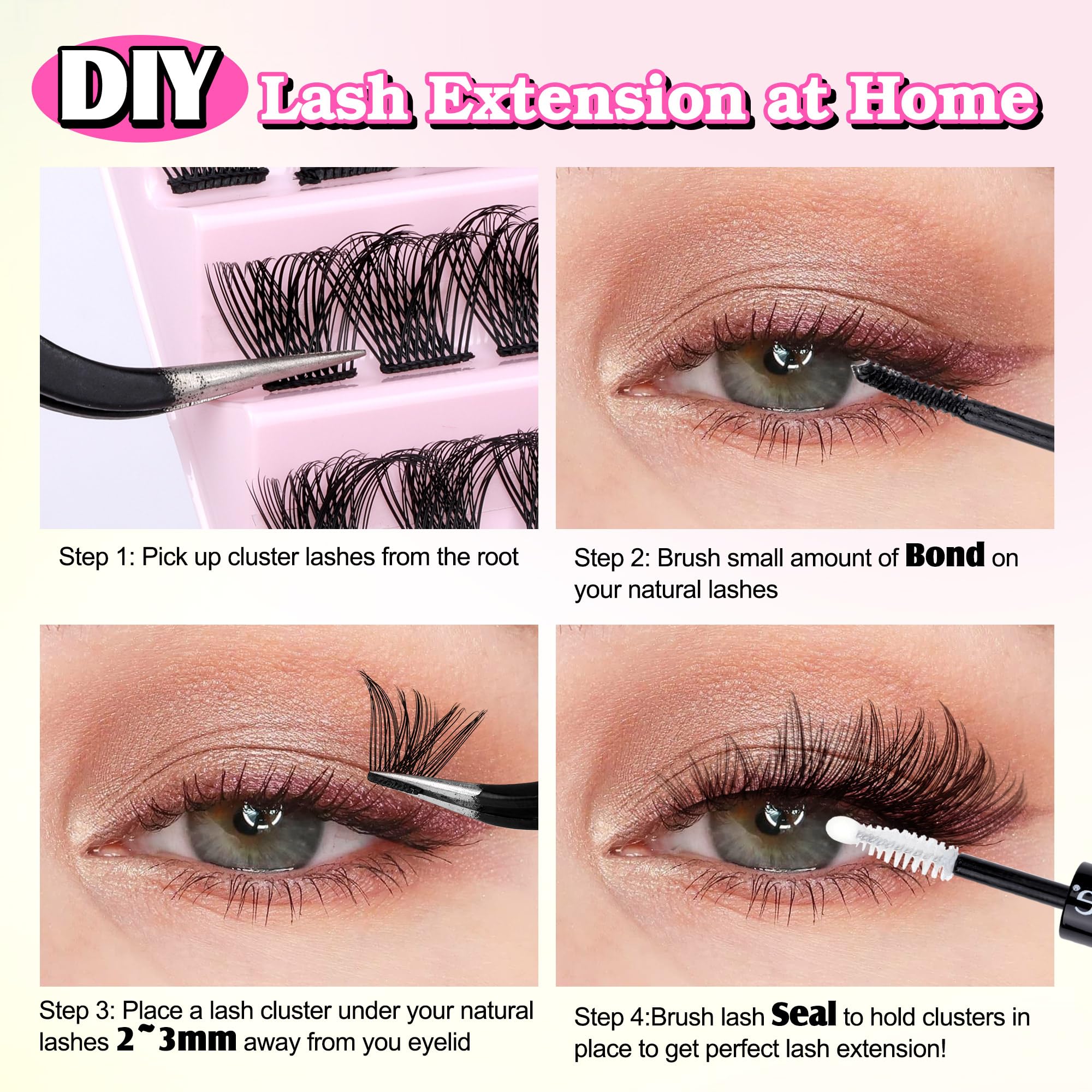 DIY Lash Extension Kit 108Pcs Lash Clusters Wispy with Strong Hold Lash Bond and Seal and Eyelash Cluster Applicator Individual Eyelash Extension Kit DIY for Beginners at Home by wtvane