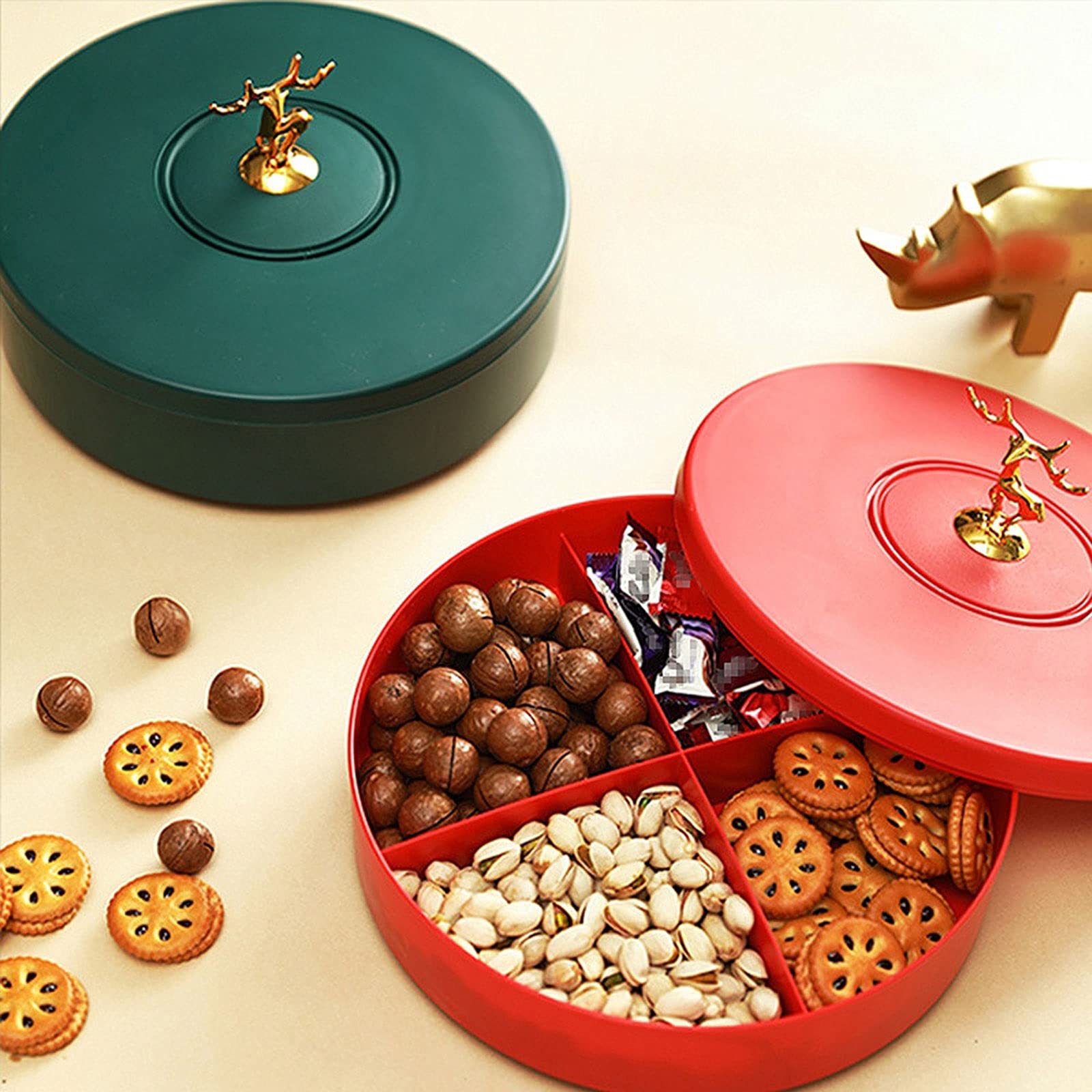 DEPILA Multifunctional Fruit Dish 4 Grid Cover Dried Fruit Snack Tray Food Storage Tray Rotatable Snack Tray Candy Pastry Nut Box Tray (Color : Red)