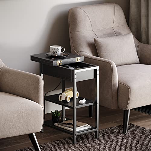 TILLMAO Narrow End Table with Charging Station, Side Table with Storage for Small Spaces, Flip Top Nightstand/Bedside Table/Sofa Couch Table/Slim End Table for Living Room Bedroom Office…