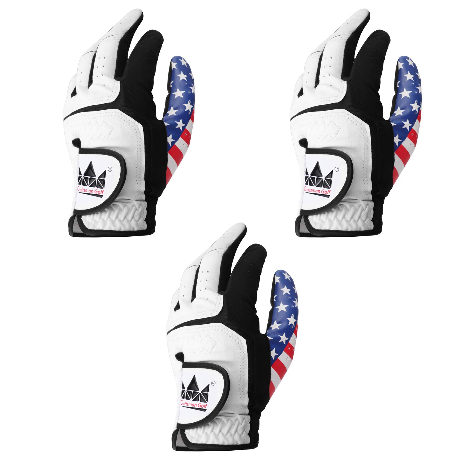 Craftsman Golf US Flag Stars Golf Glove White, Worn on Left Hand (M/L, 3pcs)
