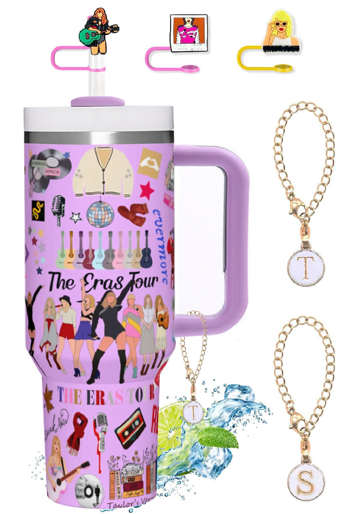 GIRERUAO 40 oz Stainless Steel Insulated Tumbler with Handle, Lid, and Straw, Includes 3 Straw Lids and 2 Letter Charms, Perfect for Water, Coffee, Iced Tea, Great Gift for Women (Purple)
