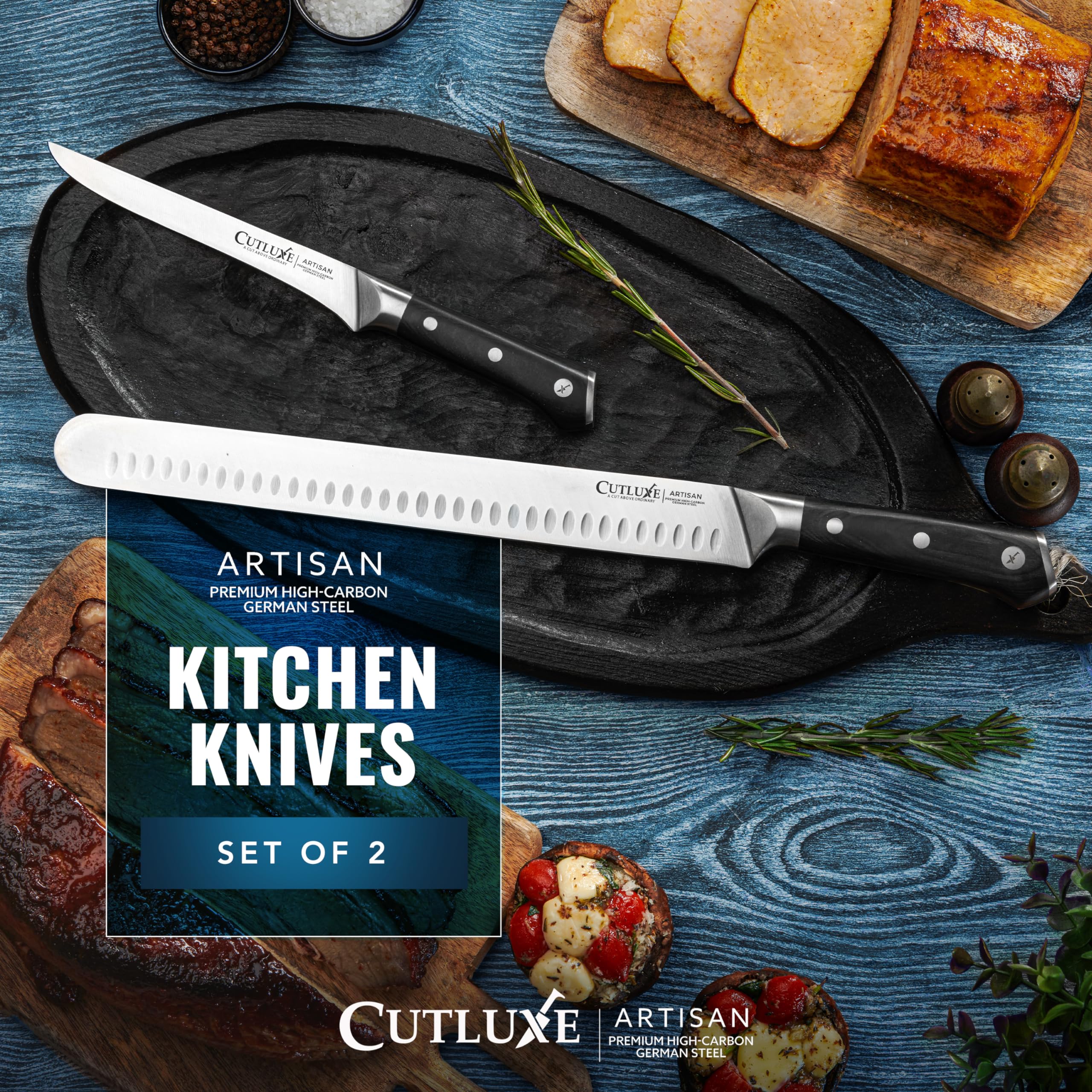 Cutluxe BBQ Carving Knife Set β Brisket Slicing Knife and Boning Knife for Meat Cutting β Professional Knife with Razor Sharp German Steel, Full Tang, Ergonomic Handles β Artisan Series