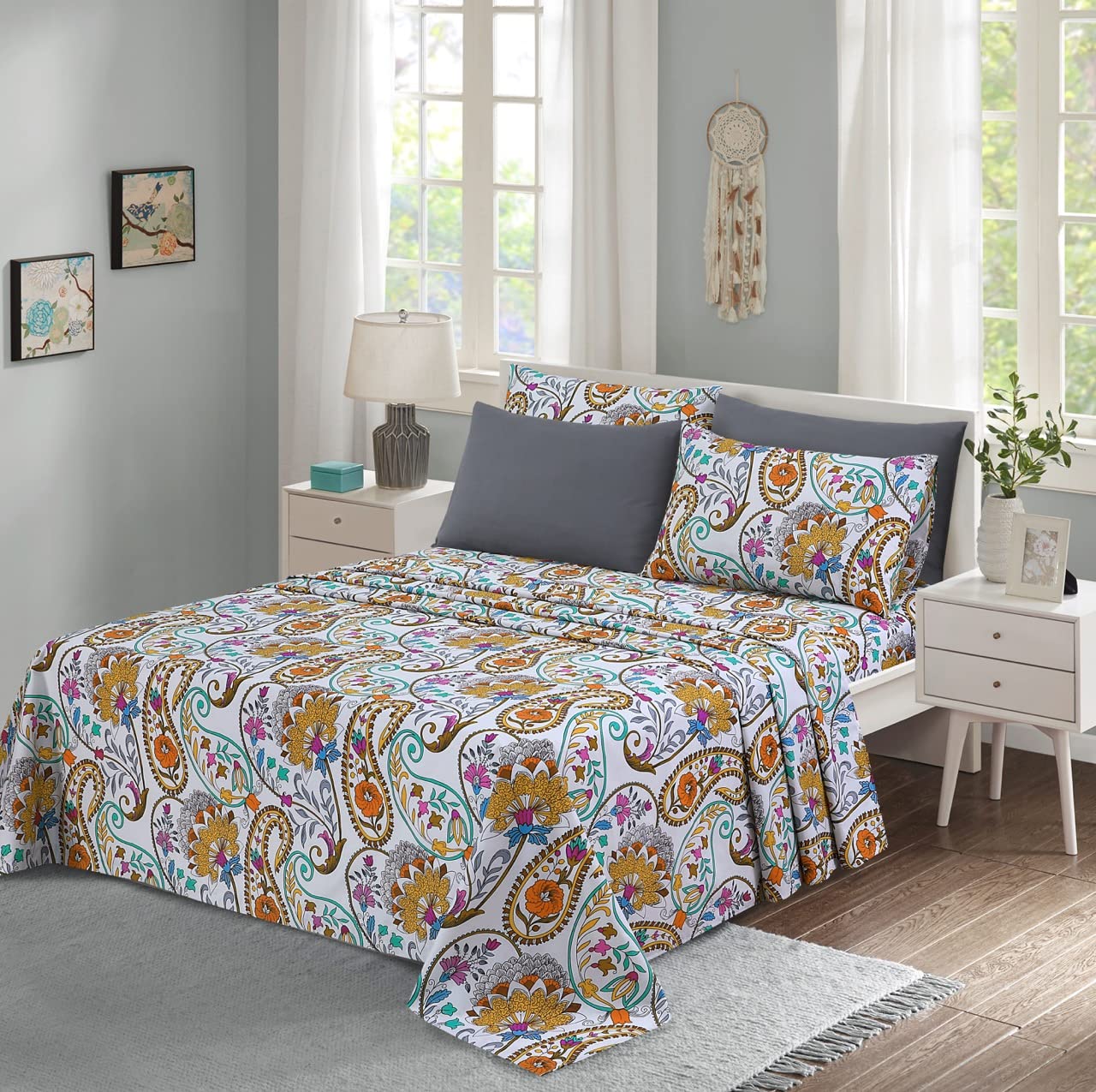 Cotton Alley-144 TC full Size Sheet Sets - 100% Cotton 6 Pcs Full Size Sheets, 1 Fitted Sheet, 1 Flat Sheet and 4 Pillowcases, bed sheets full size set Fitted Up to 16" Mattress,(Paisley)