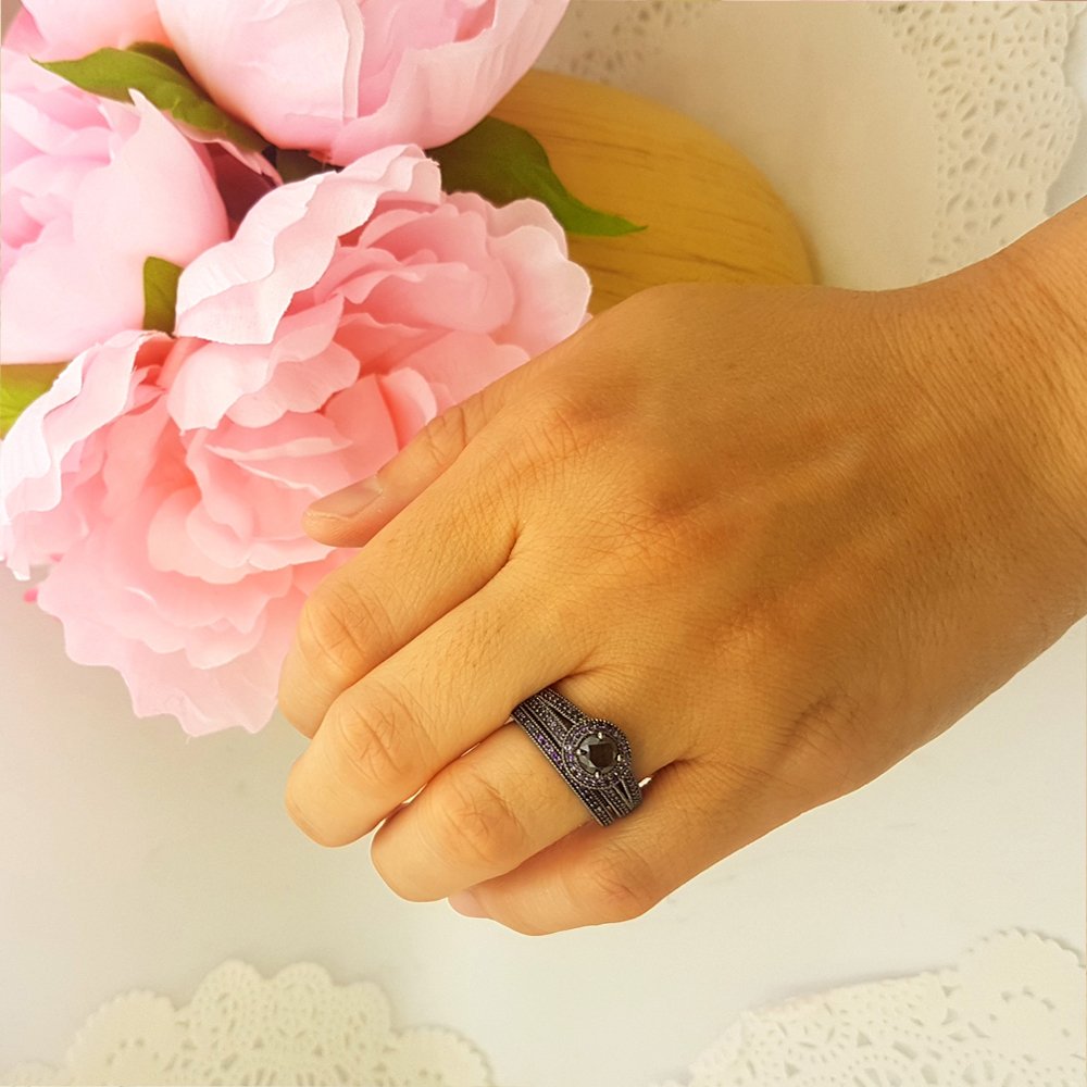 Dazzlingrock Collection Black Rhodium Plated 10K Round Amethyst & Black Diamond Halo Wedding Ring Set in 10K White Gold, Size 7