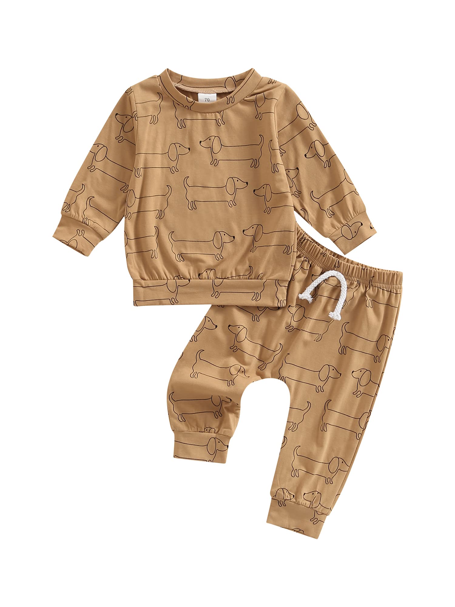 FOCUSNORM Infant Baby Boys Fall Clothes Set Dachshund Print Pullover Sweatshirt Top Pants 2Pcs Dogs Outfits Tracksuit (Yellow, 3-6 Months)