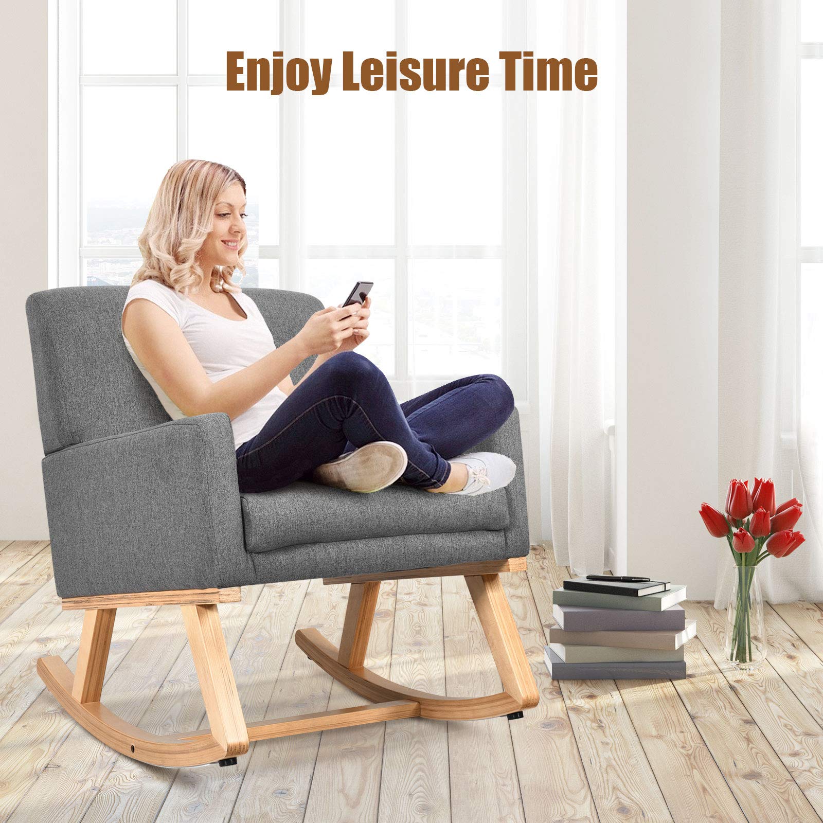 POWERSTONE Upholstered Rocking Glider Nursery Mid Century Accent Lounge Arm Chairs for Small Spaces Bedroom Living Room (Beige)