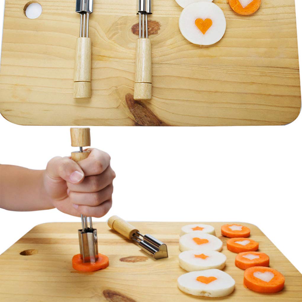 Goeielewe 3-Pack Vegetable and Fruit Cutter Shapes Set, Mini Pie, Stainless Steel Cookie Stamps Mold with Wood Handle, Cookie Cutter Decorative Food for Baking Crafts - Flower, Heart, Star