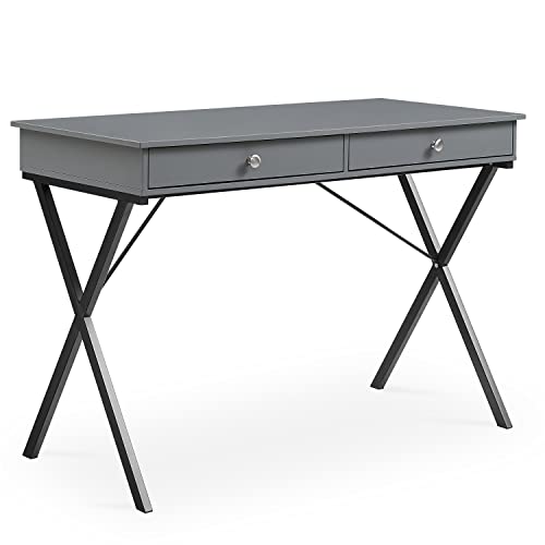 HomSof Frost Grey Finish 2 Drawers Writing Desk with Black Stoving Varnsih Steel Frame,MDF Table Top, Gray,42"