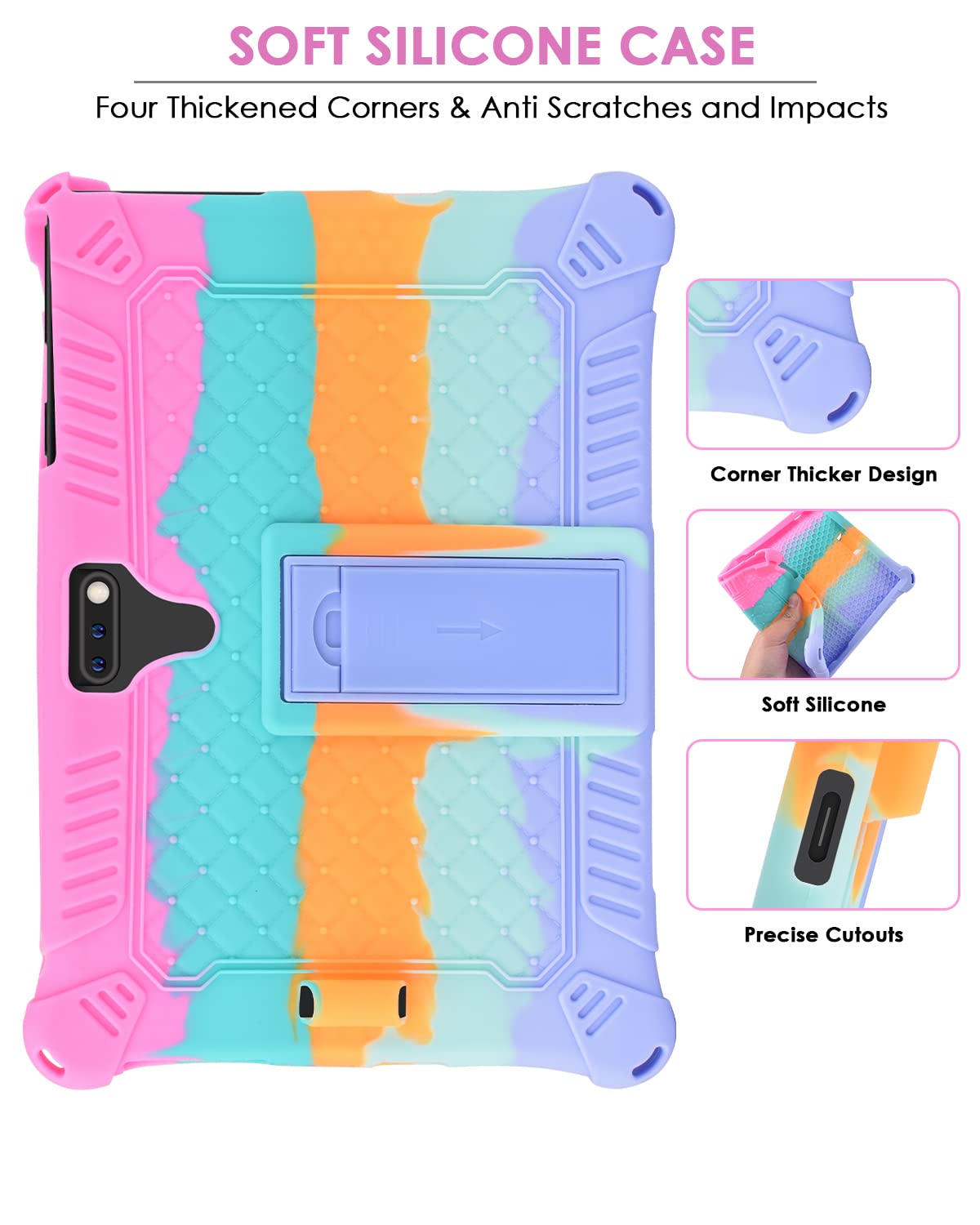 DETUOSI 10.1 inch Tablet Case Compatible with ZZB ‎YQ10S 10.1, ANTEMPER Touch 10.1, Gowin Touch 10.1, WECOOL WM1001R 10 inch, Soft Silicone Lightweight Case with Stylus Pen & Strap, Dazzling Pink