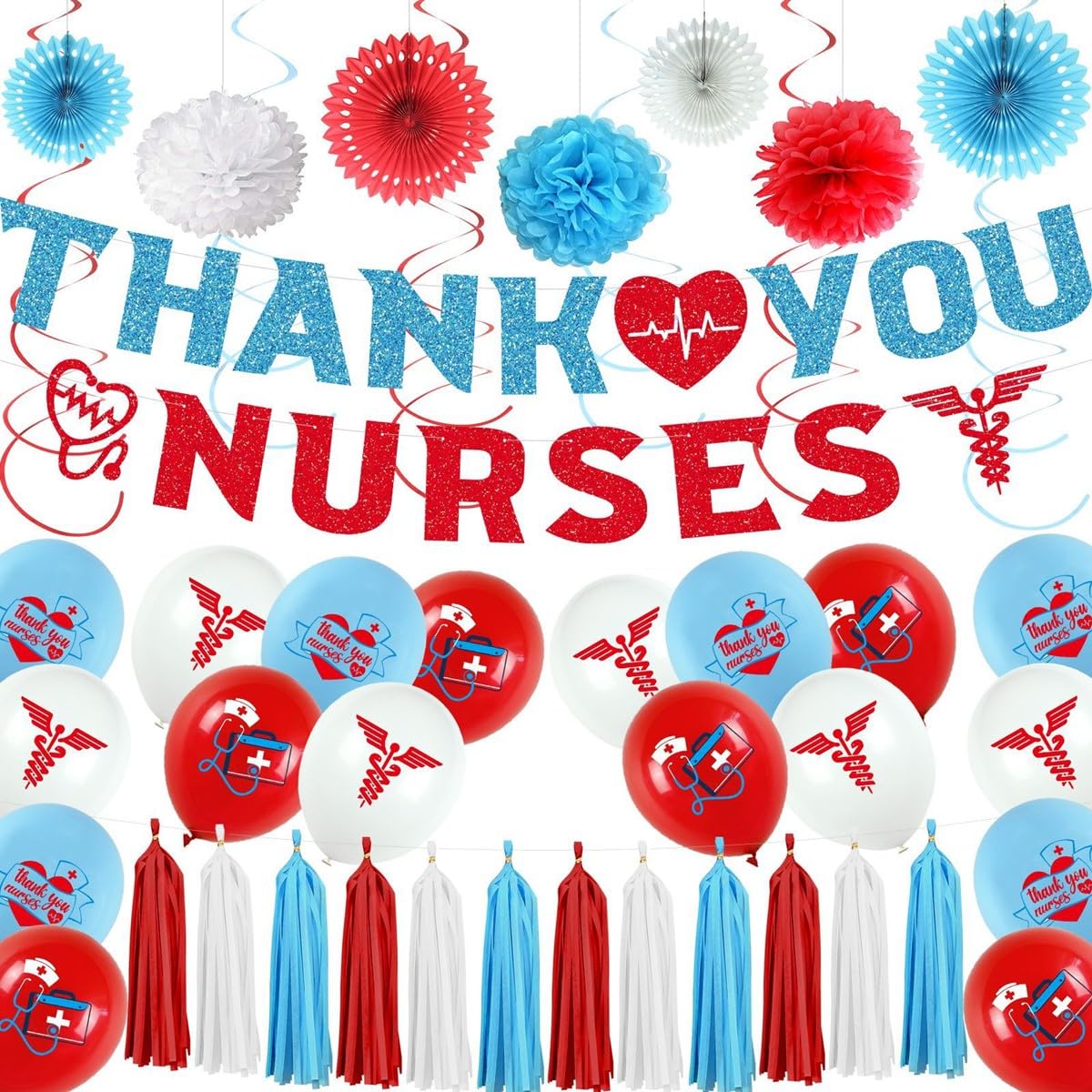 LOONELO Thank You Nurse Party Decorations, 44pcs Nurses Appreciation Week Party Supplies, Congrats Nurse Banner Hanging Swirls Balloons Party Set for Nursing School RN Graduation Party