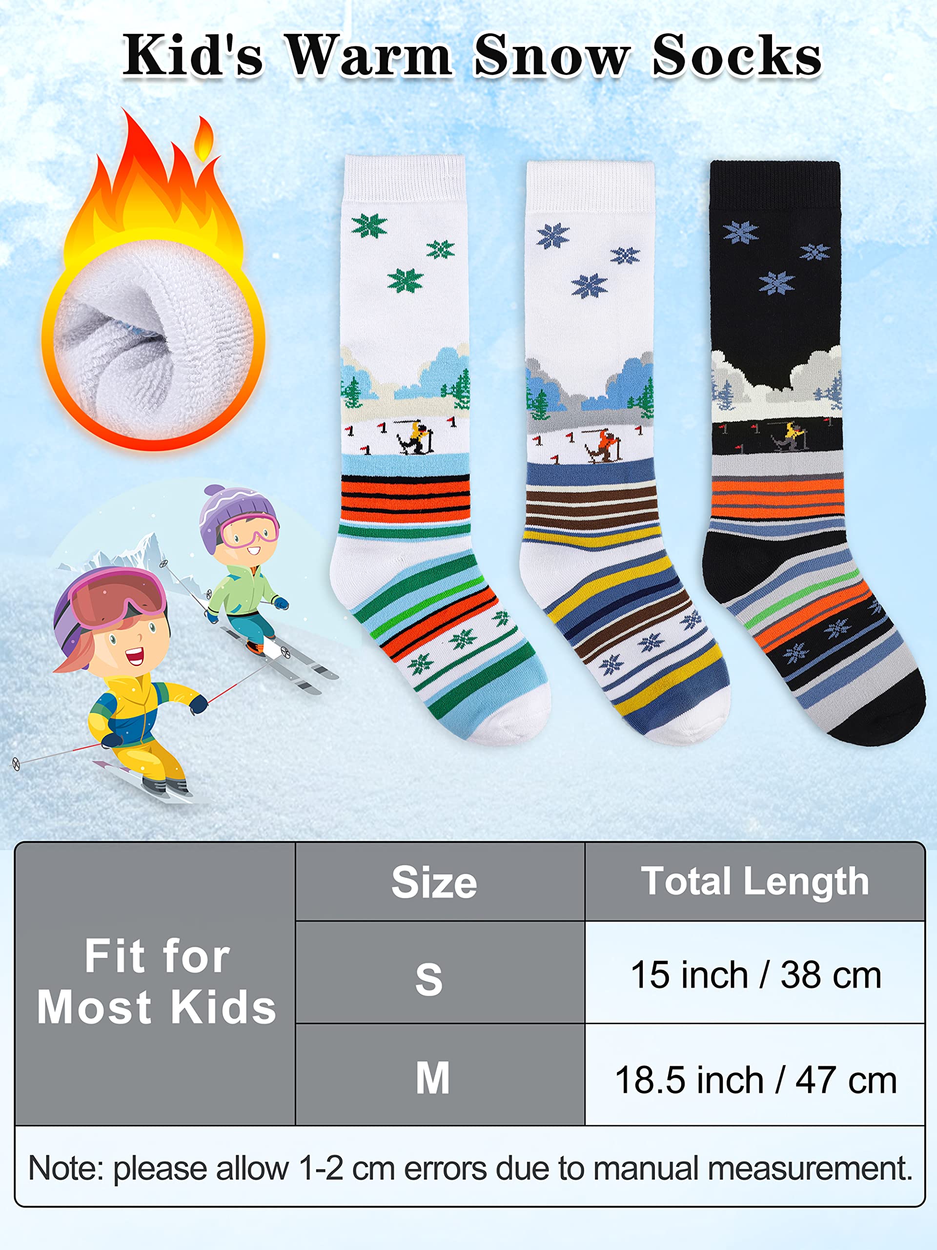 Cooraby 3 Pack Toddlers Kid Ski Socks Winter Warm Thermal Snow Socks Thick Boot Socks Skiing Snowboarding Hiking Socks for Boys Girls