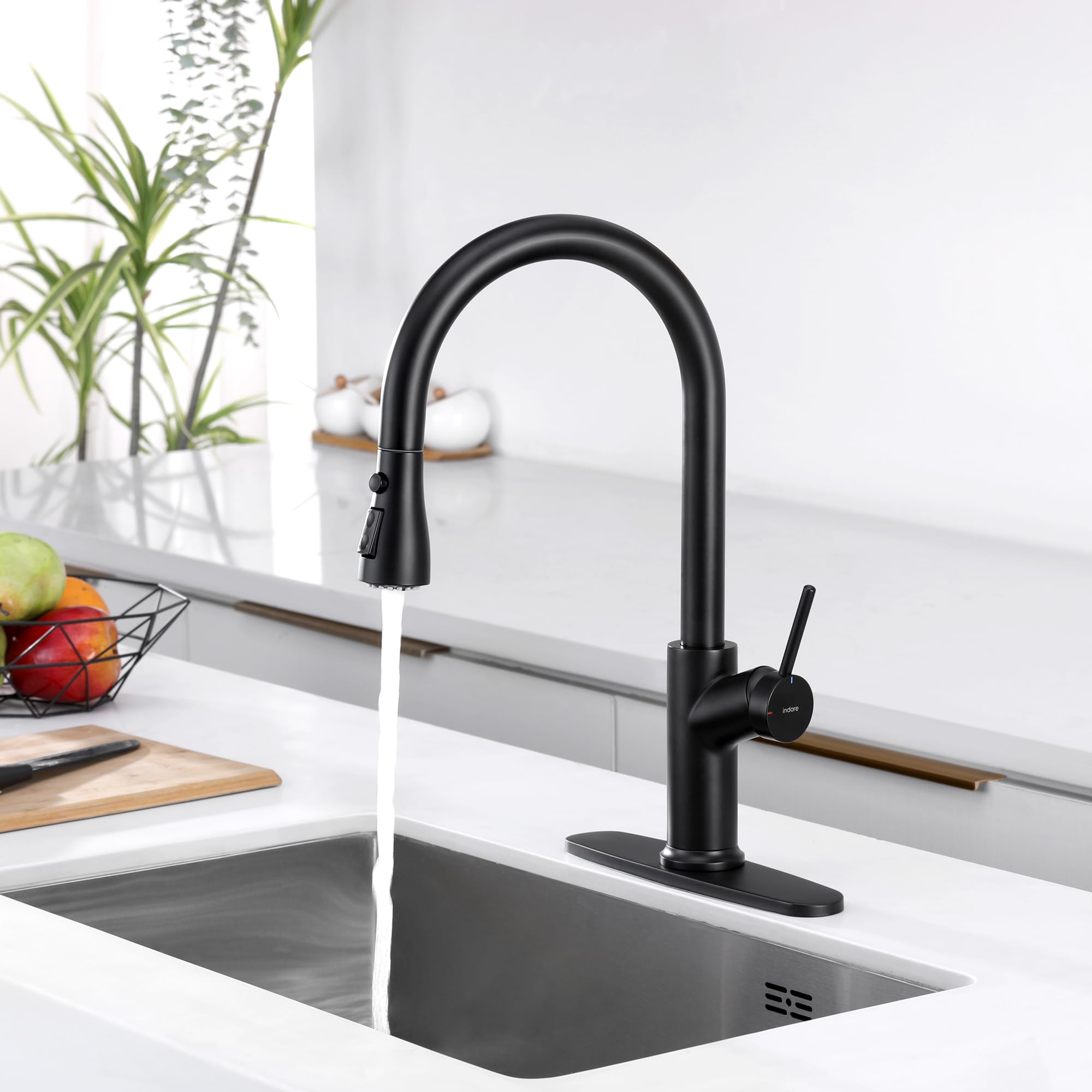 Indare Kitchen Faucets, Kitchen Faucet with Pull-Down Sprayer, Matte Black Kitchen Faucet with Deck Plate, Kitchen Faucet with Sprayer
