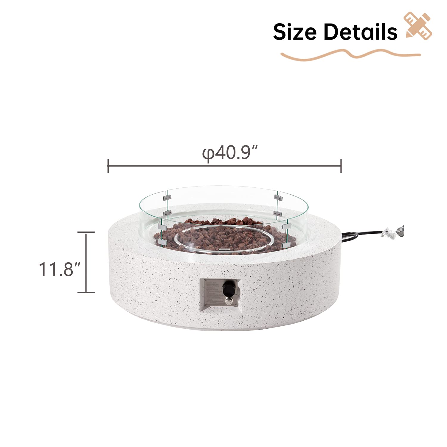 HOMPUS Propane Patio Fire Pit Table with Wind Guard, Lava Rocks and Rain Cover for Outdoor Leisure Party, 50,000 BTU 42-inch Round White Sandstone Concrete Fire Table
