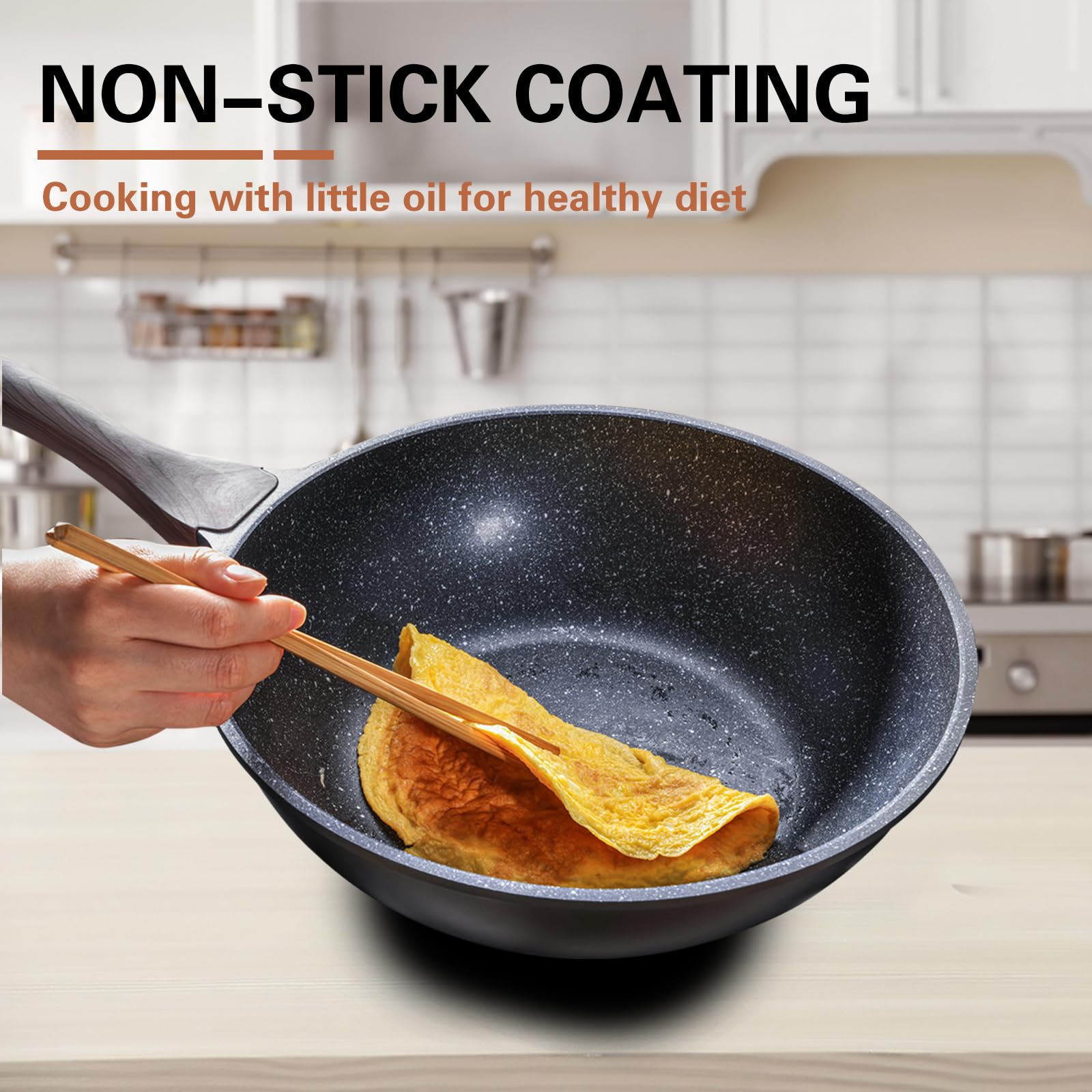 Kordisen Nonstick Wok with Lid, 12 Inch Woks & Stir-fry Pans, Granite Stone Coating for Cooking, Induction Cookware, Compatible with All Stovetops, PFOA Free
