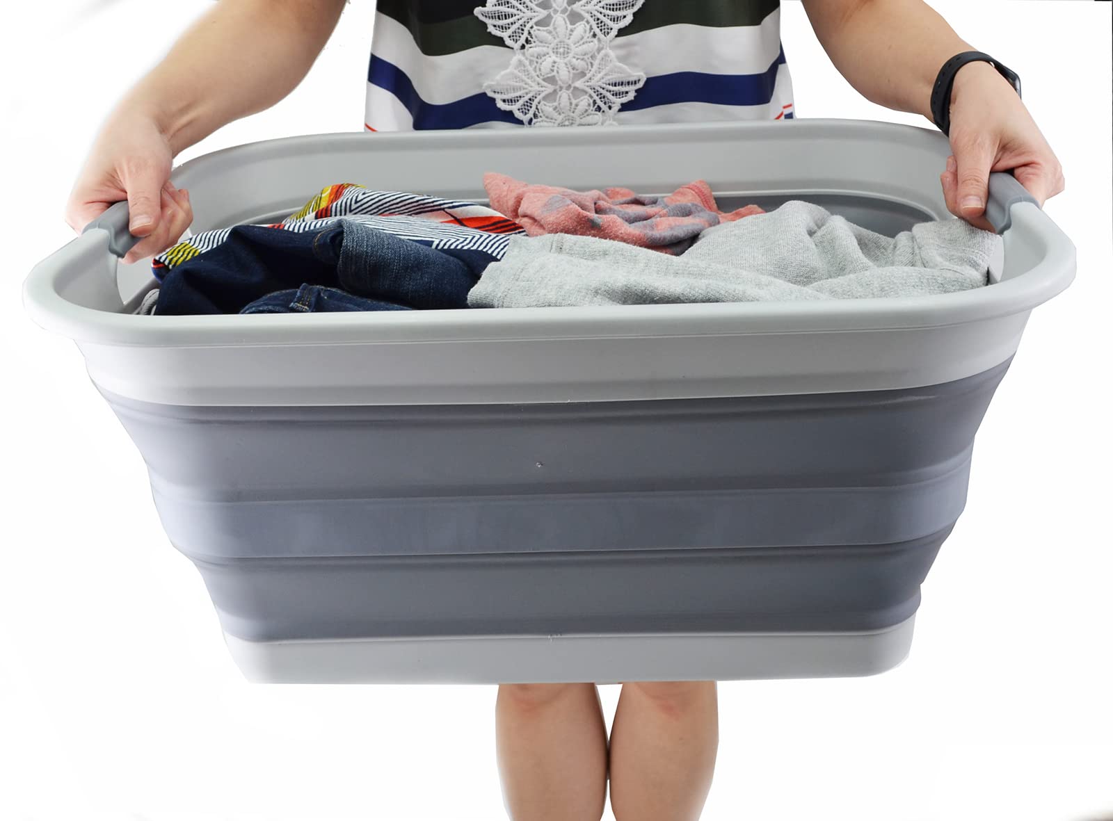 SAMMART Collpasible Laundry Basket (19L Collapsible Laundry Basket with Holes (White/Grey))