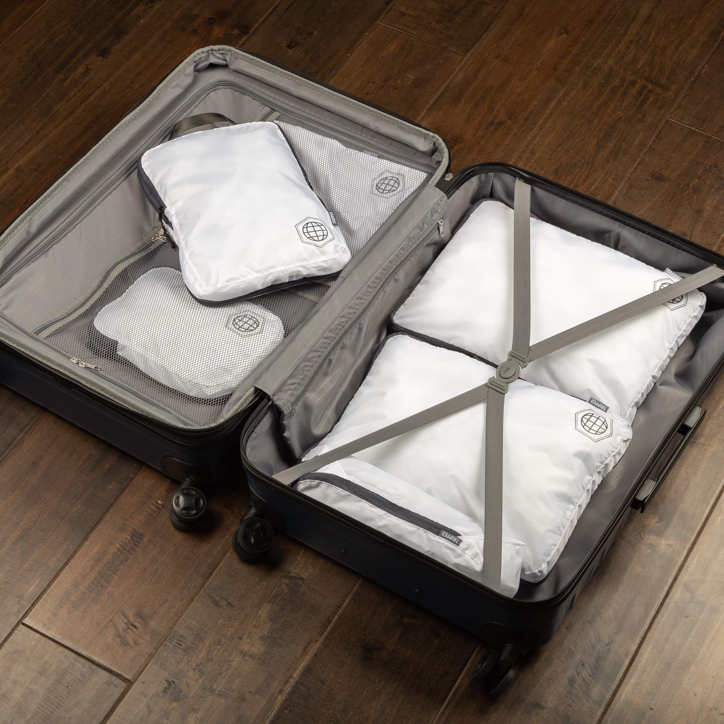 Extra Large Compression Packing Cube 6 Piece Set for Travel and Check Luggage (White/Grey)