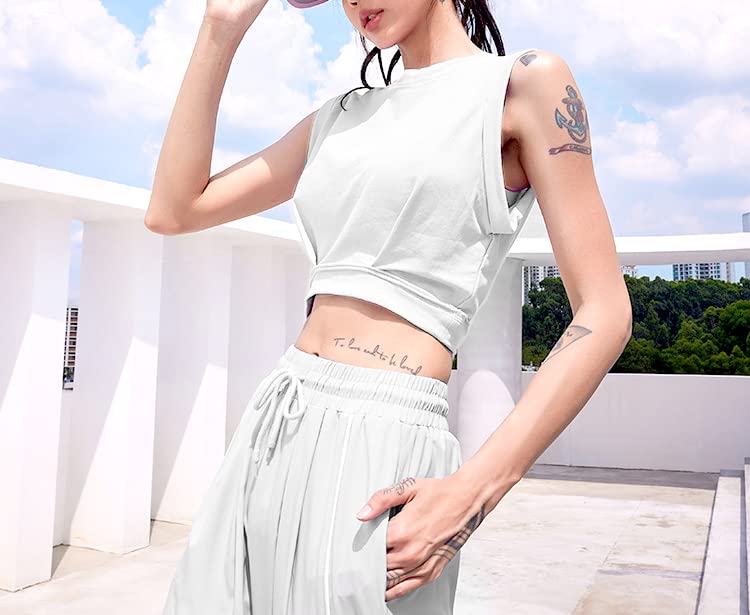 Crop Top Athletic Shirts for Women Cute Cotton Sleeveless Yoga Tops Running Gym Workout Shirts 2 Pack