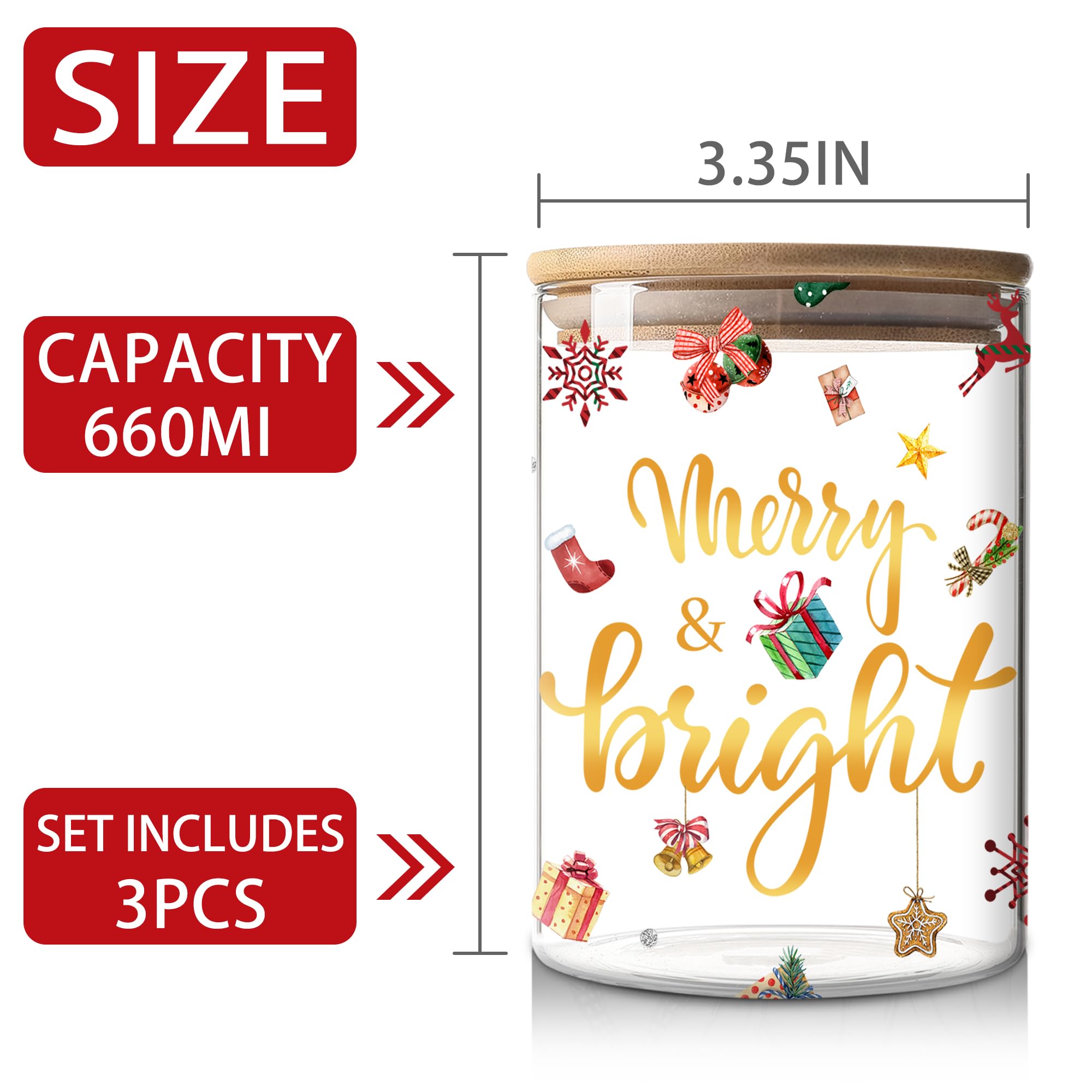 Christmas Decor 3 Pack Glass Storage Jars with Airtight Bamboo Lid - Merry Christmas Canisters Sets for Kitchen Countertop - Clear Christmas Glass Storage Jars for Coffee Bean, Cookie, Candy, Tea
