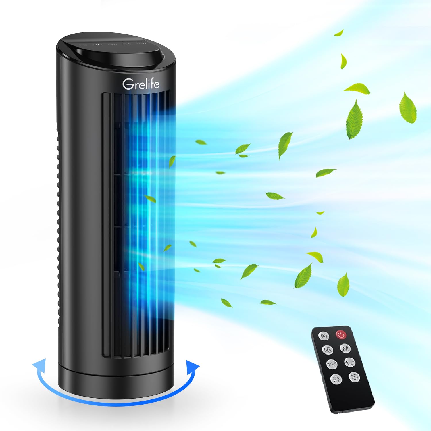 Grelife 13" Bladeless Tower Fan with 70° Oscillation, 3 Speeds, 4 Wind Modes, Touch Control & Remote, 12-Hour Timer, Compact Cooling Fan for Home Office Bedroom