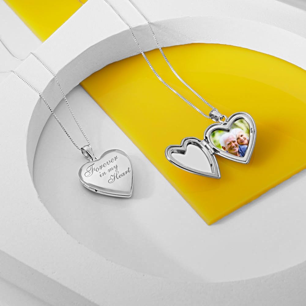 PicturesOnGold.com Forever in My Heart Locket Necklace for Women That Hold Pictures & Engraving in Personalized Sterling Silver (Locket + 1 Photo).