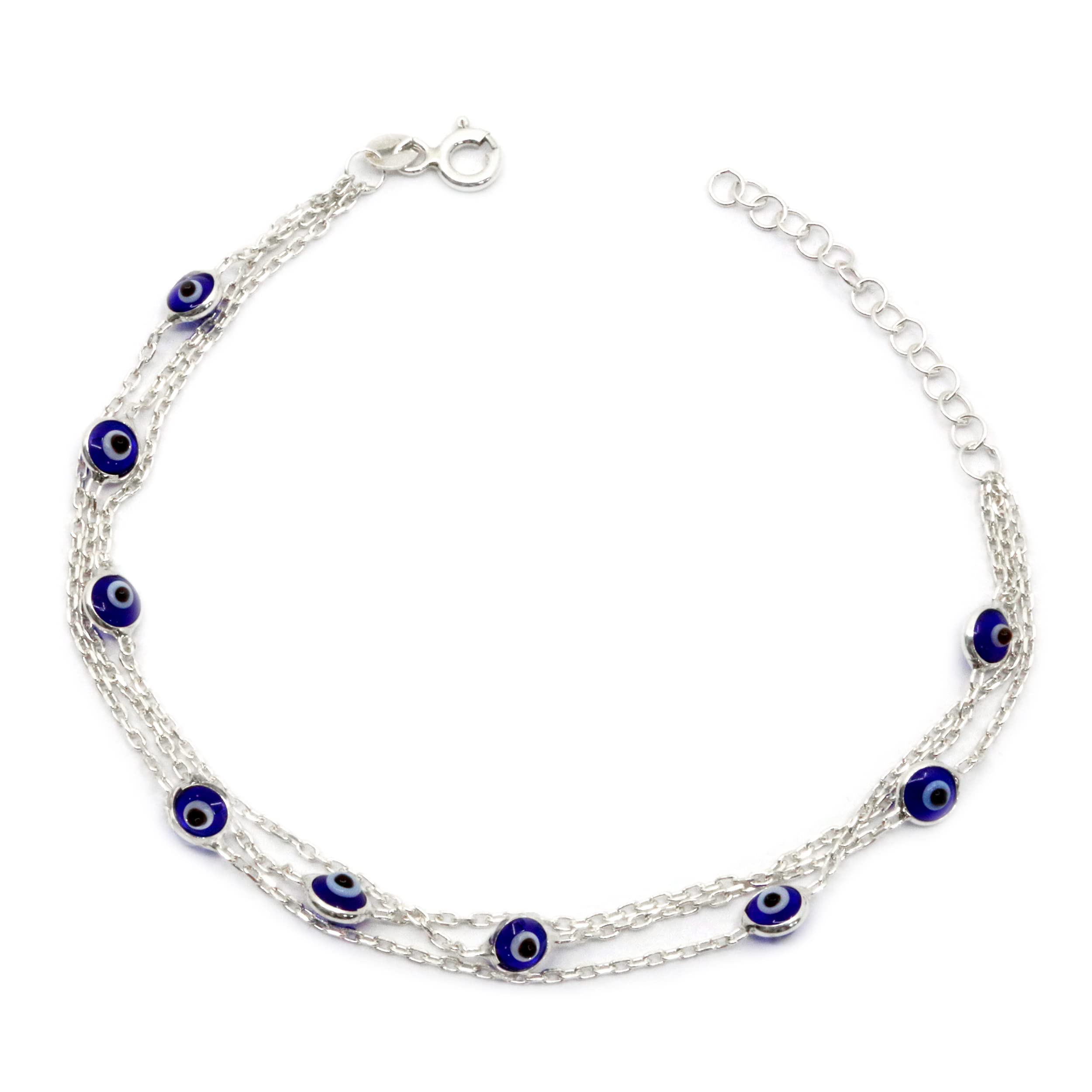 Evil Eye Bracelets 925 Sterling Silver - Triple Chain Protection Blue Ojo Turco Bracelet for Women - Womens Dainty Boho Jewelry - Kabbalah Lucky Amulet - Adjustable Size 6-8 (Blue)