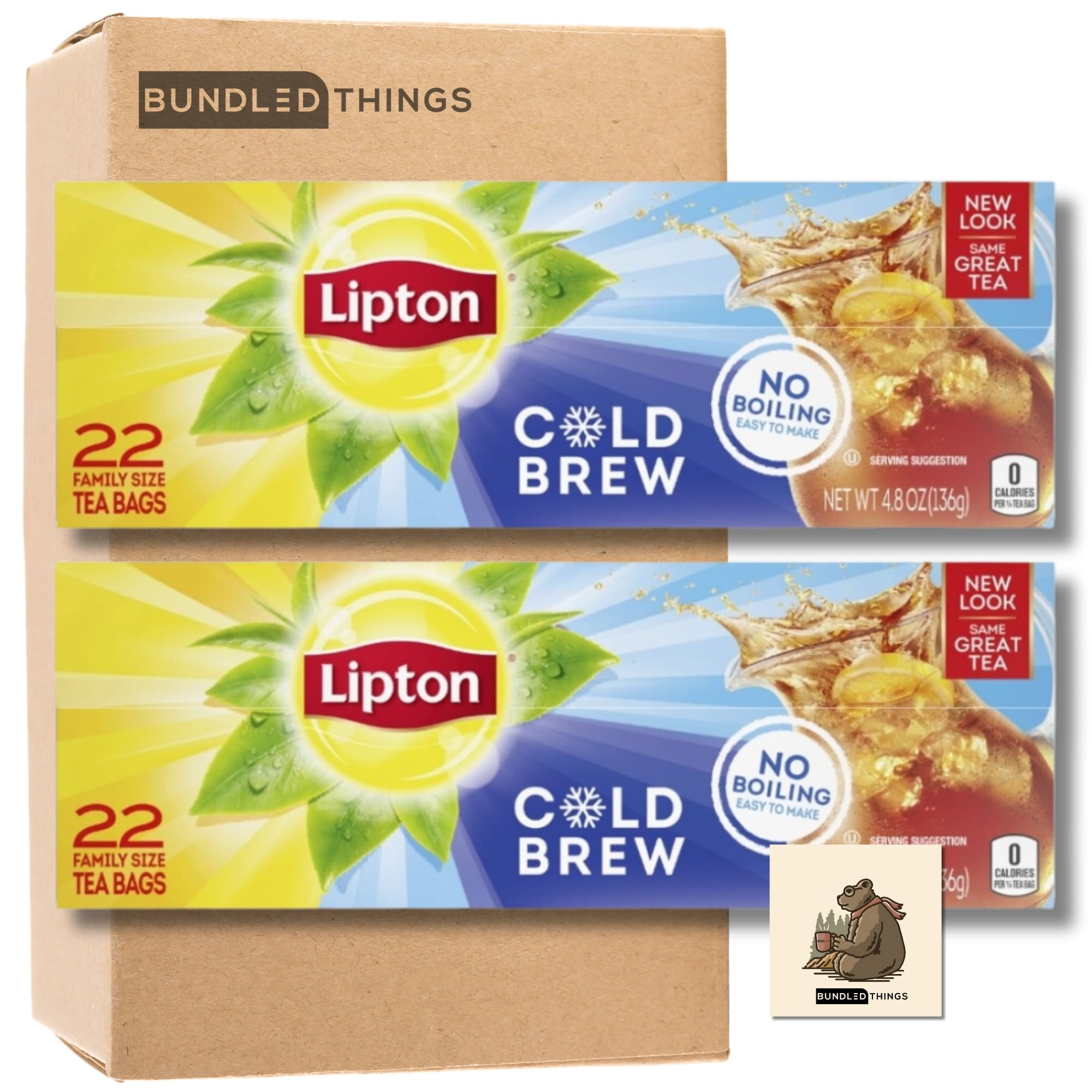 Cold Brew Iced Black Tea, Lipton Family Size Tea Bags, 22 Count Boxes, Bundle of 2 - Paired with a Bundled Things Bear Magnet