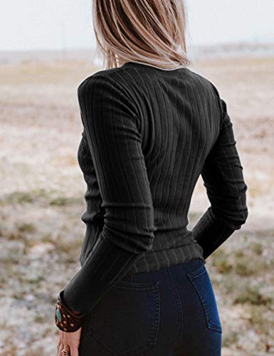 MEROKEETY Women's Long Sleeve V Neck Ribbed Button Knit Sweater Solid Color Tops Black