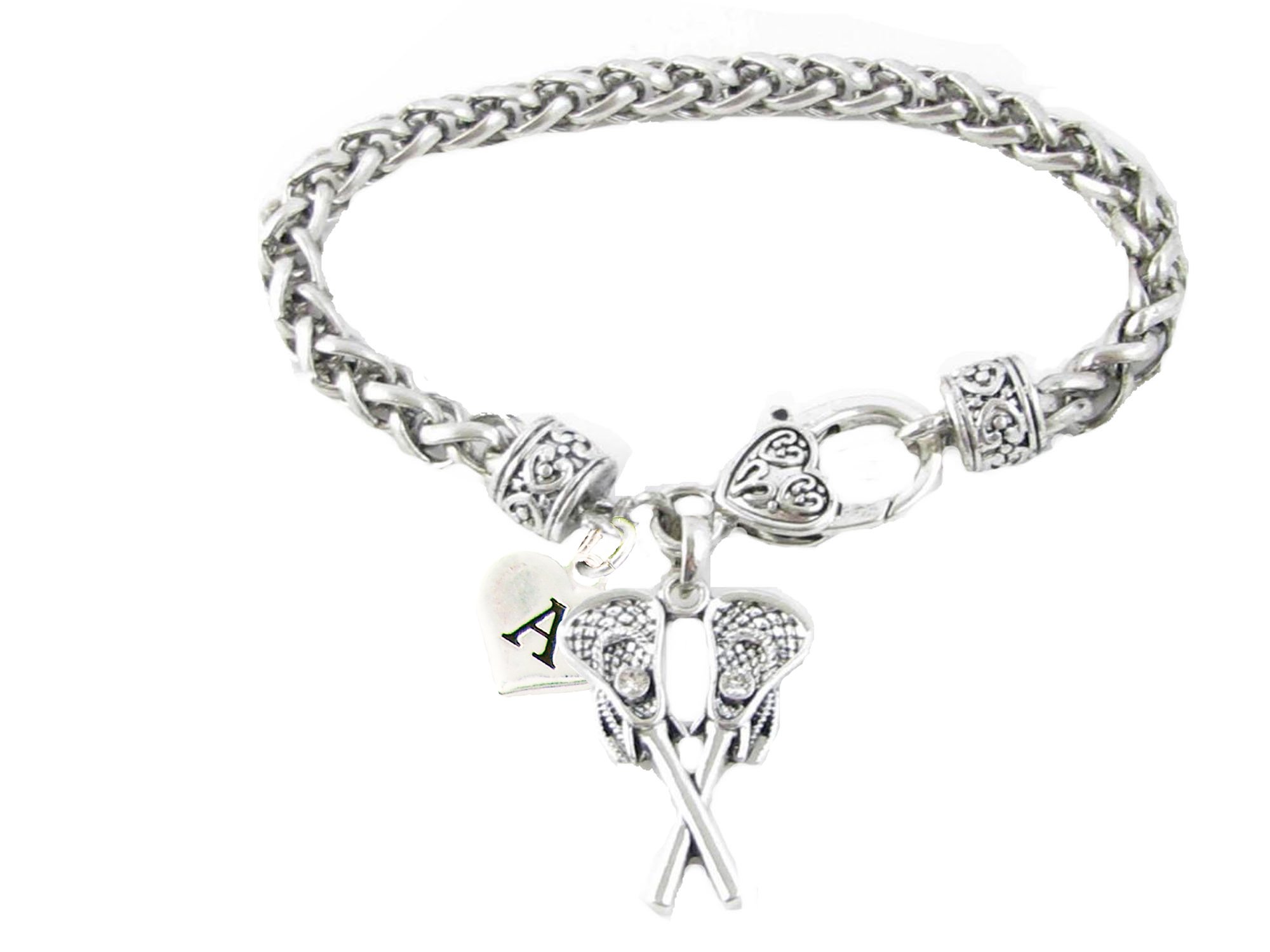 Custom Crystal Lacrosse Sticks Silver Bracelet Jewelry Choose Initial All 26