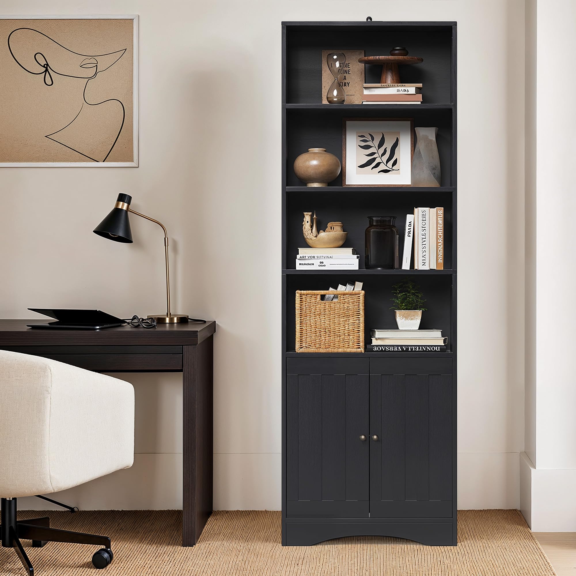 Gizoon Bookcase, Bookshelves and Bookcases, 71β 6-Shelf Bookcase with Doors, Floor Standing Display Storage Shelves, with Adjustable Shelves, for Home, Office, Living Room, Bedroom, Black
