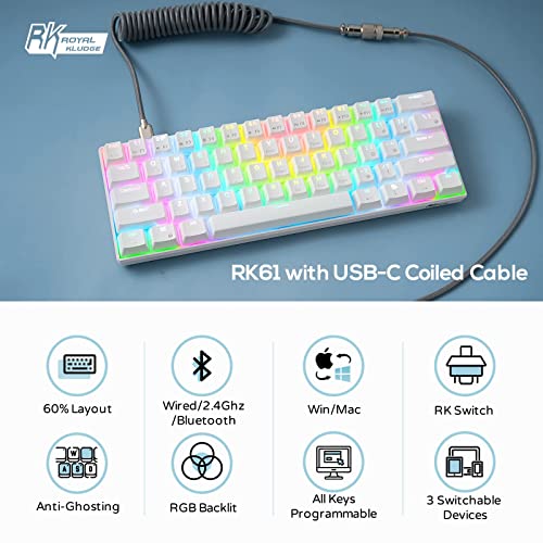 RK ROYAL KLUDGE RK61 60% Mechanical Keyboard with Coiled Cable, 2.4Ghz/Bluetooth/Wired, Wireless Bluetooth Mini Keyboard 61 Keys, RGB Hot Swappable Blue Switch Gaming Keyboard with Software - White